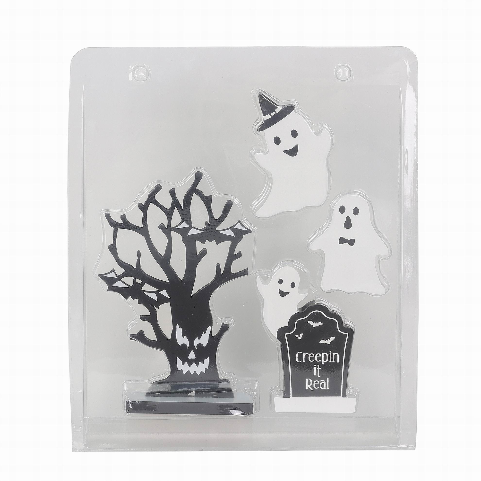 Halloween Mini Mantel Wood White Ghosts with Tree Accessory Set, 11.25 ...