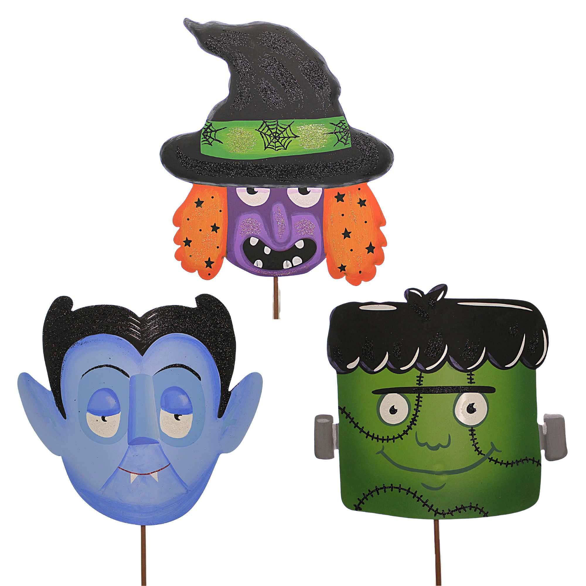 Halloween Monster Masks Set/3 Stakes Metal Witch Dracula Frankenstein ...