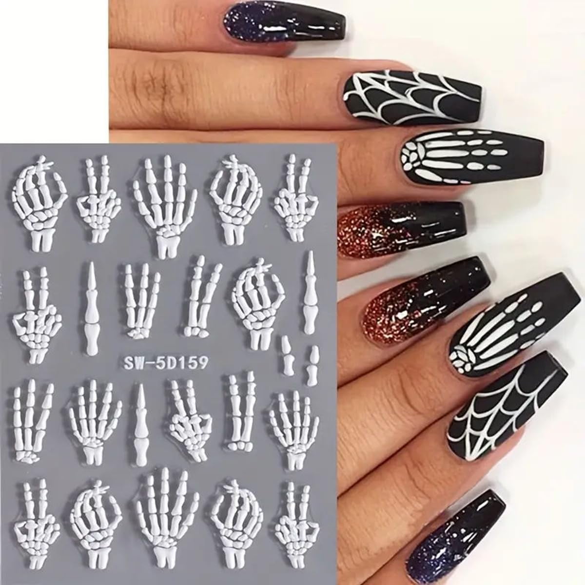 Halloween Nail Art Stickers Decals 5D Embossed Skeleton Nail Decals ...