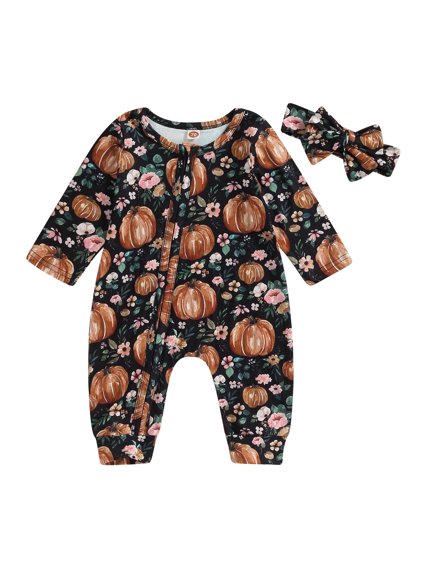 Halloween Newborn Baby Girl Outfit Long Sleeve Pumpkin Flower Jumpsuit Playsuit Headband 2Pcs ...
