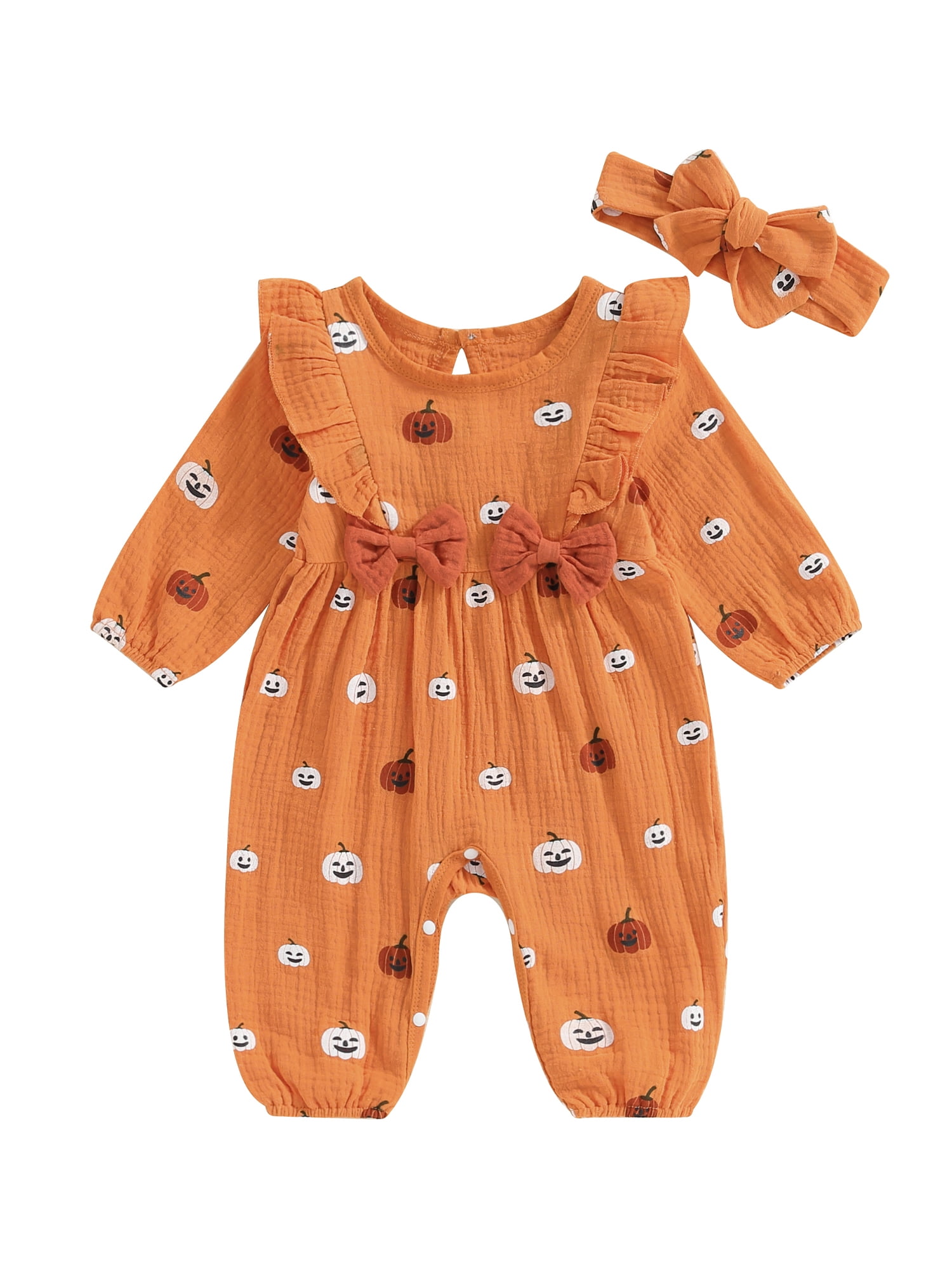 Halloween Newborn Baby Girl Outfits Ruffle Pumpkin Long Sleeve Romper Jumpsuit with Headband Set ...