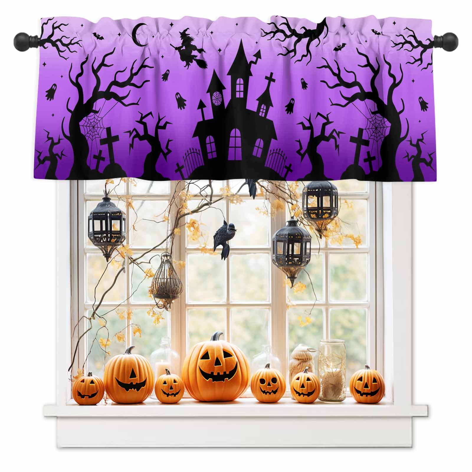 Halloween Night Castle Witch Tomb Curtain Valances for Kitchen Windows ...