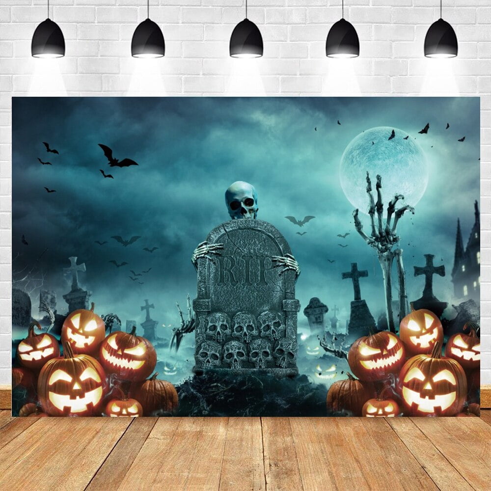 Halloween Night Tombstone Pumpkin Skeleton Photography Backdrop Skull ...