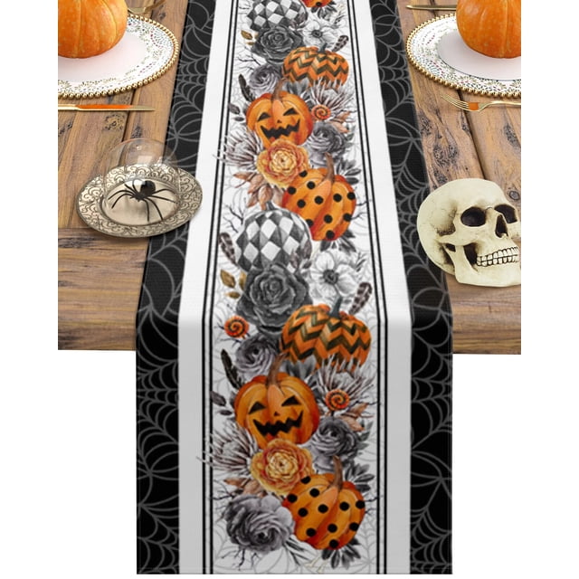 Halloween Orange Pumpkin Crow Feather Table Runner Holiday Party ...