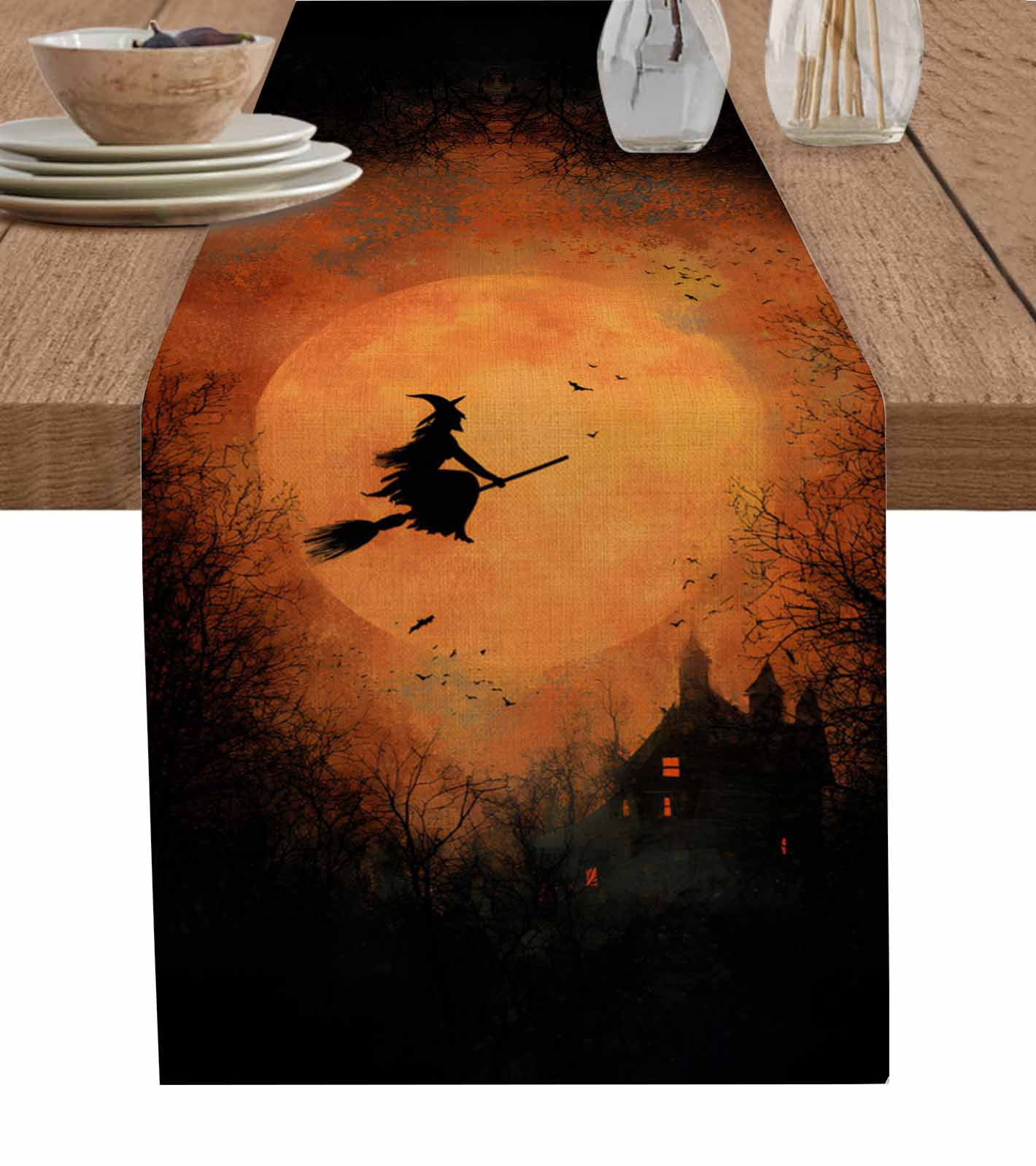 Halloween Orange Table Runner 120 Inches, Witch Castle Moon Tree Bat ...
