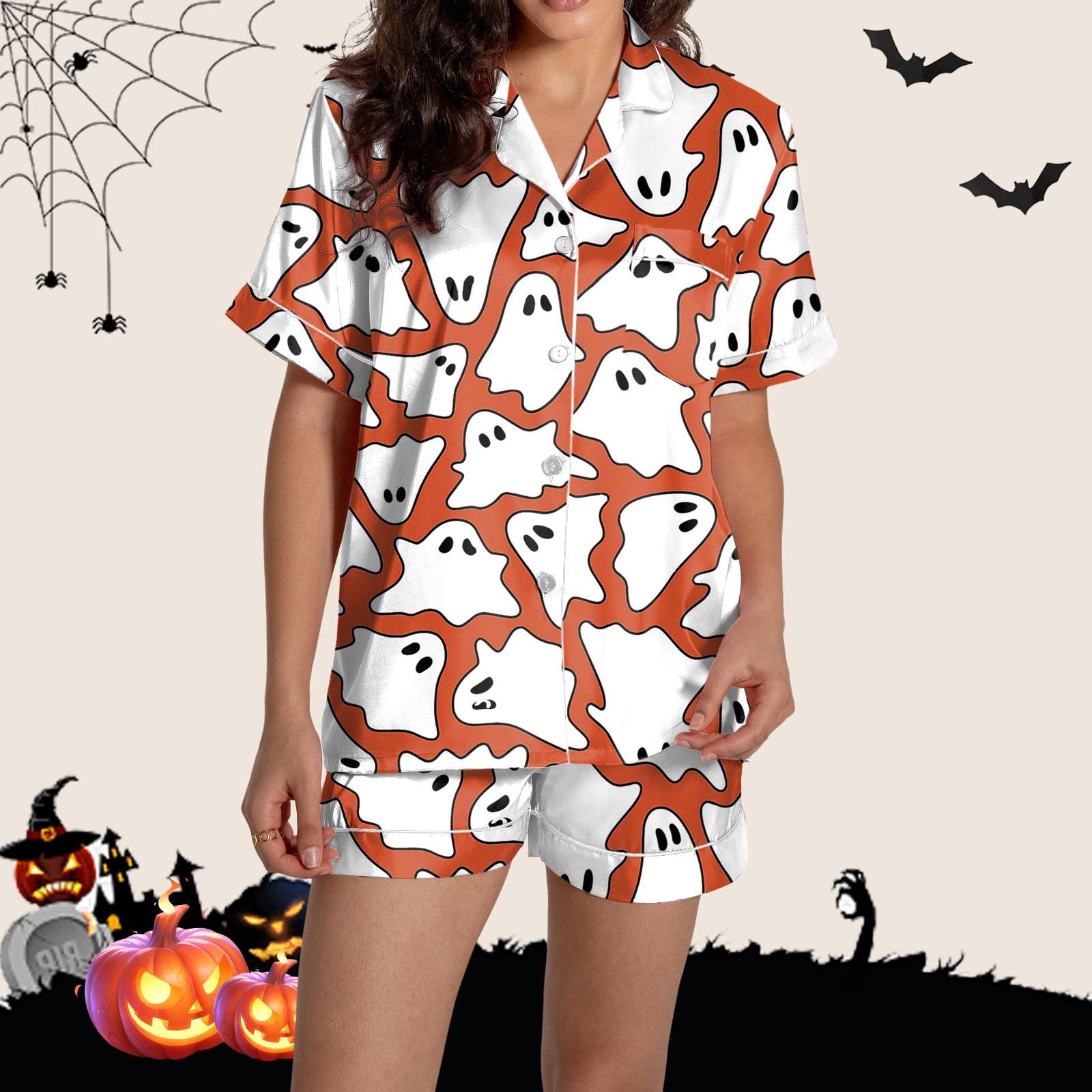 Halloween Orange Women's Pajama Sets Women Pajamas Graphic Printed Silk ...