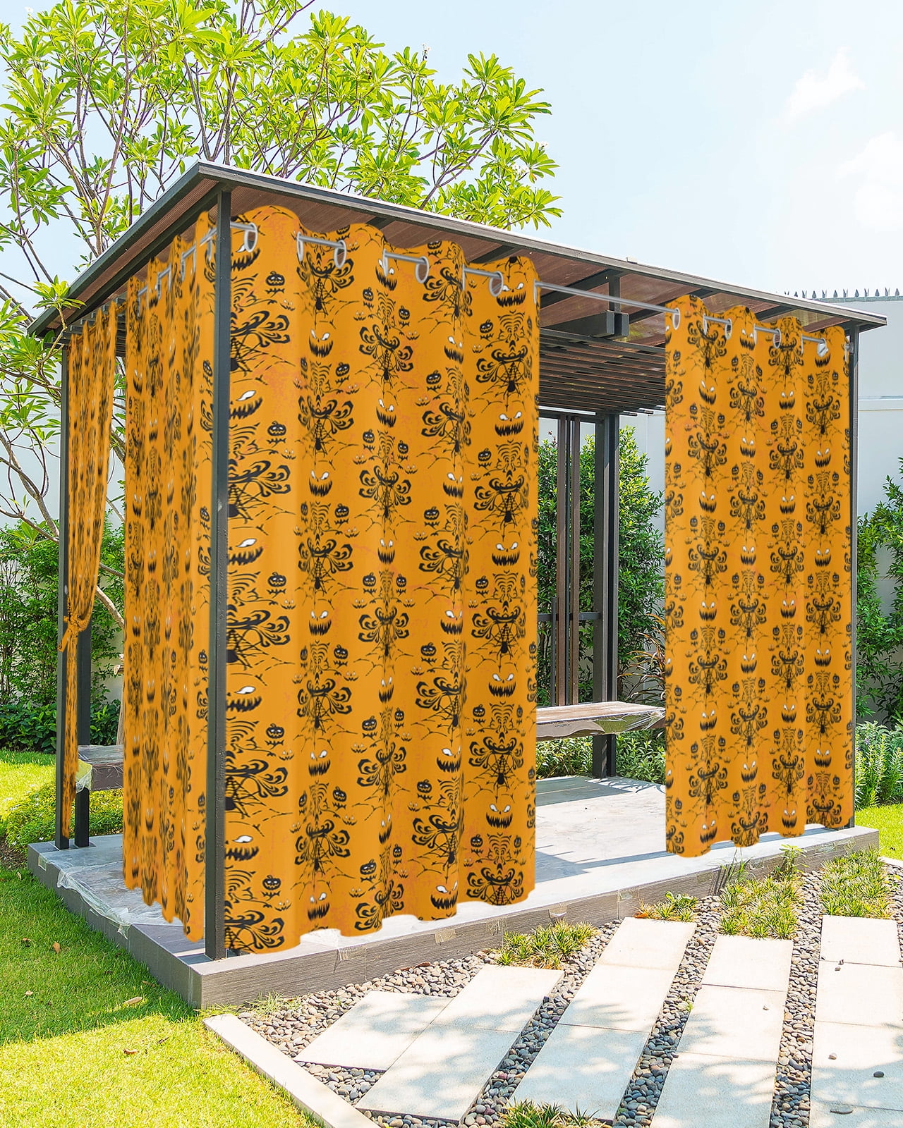 Halloween Outdoor Curtains for Patio Waterproof, Orange Black Haunted ...