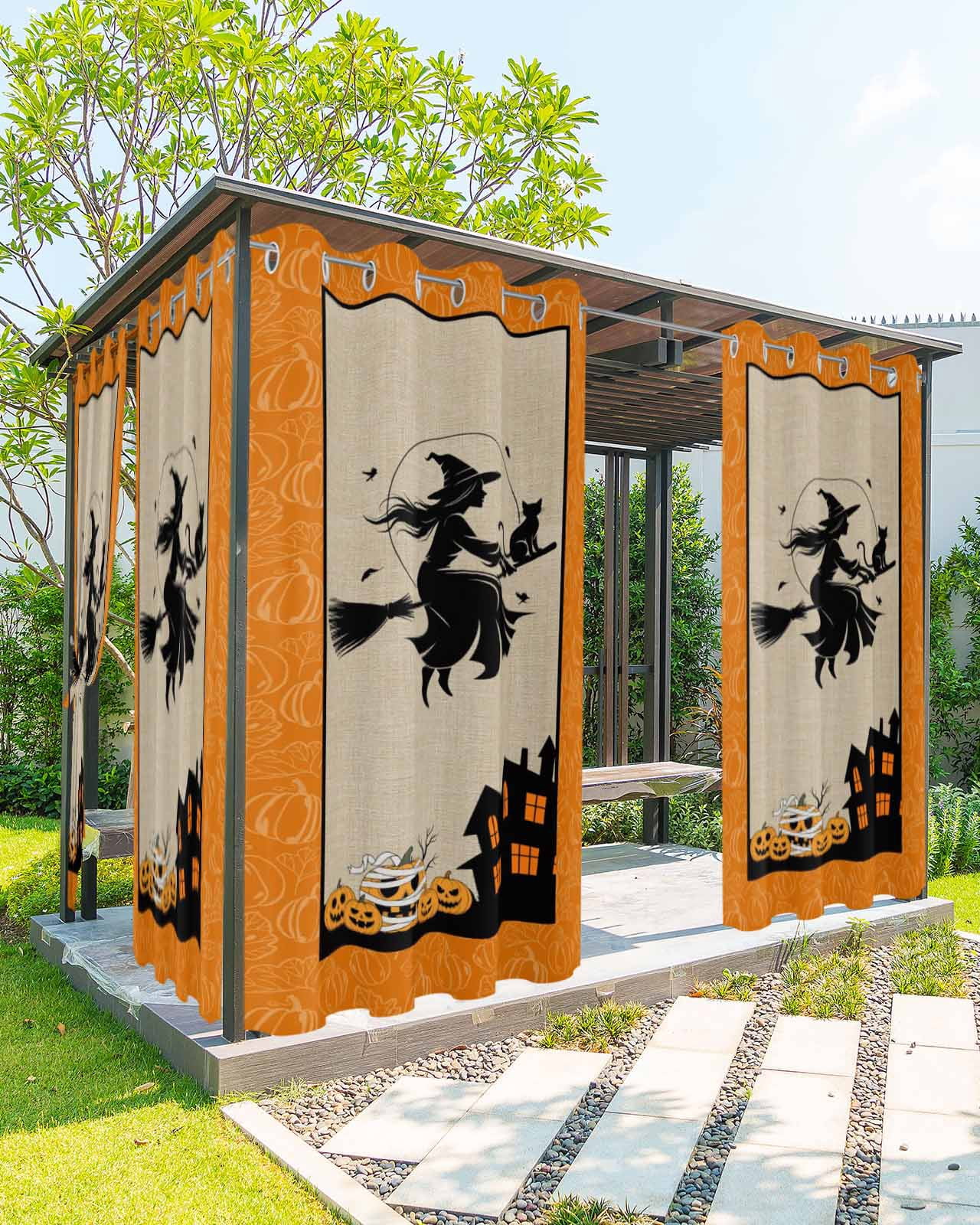 Halloween Outdoor Curtains for Patio Waterproof, Orange Witch Fall ...