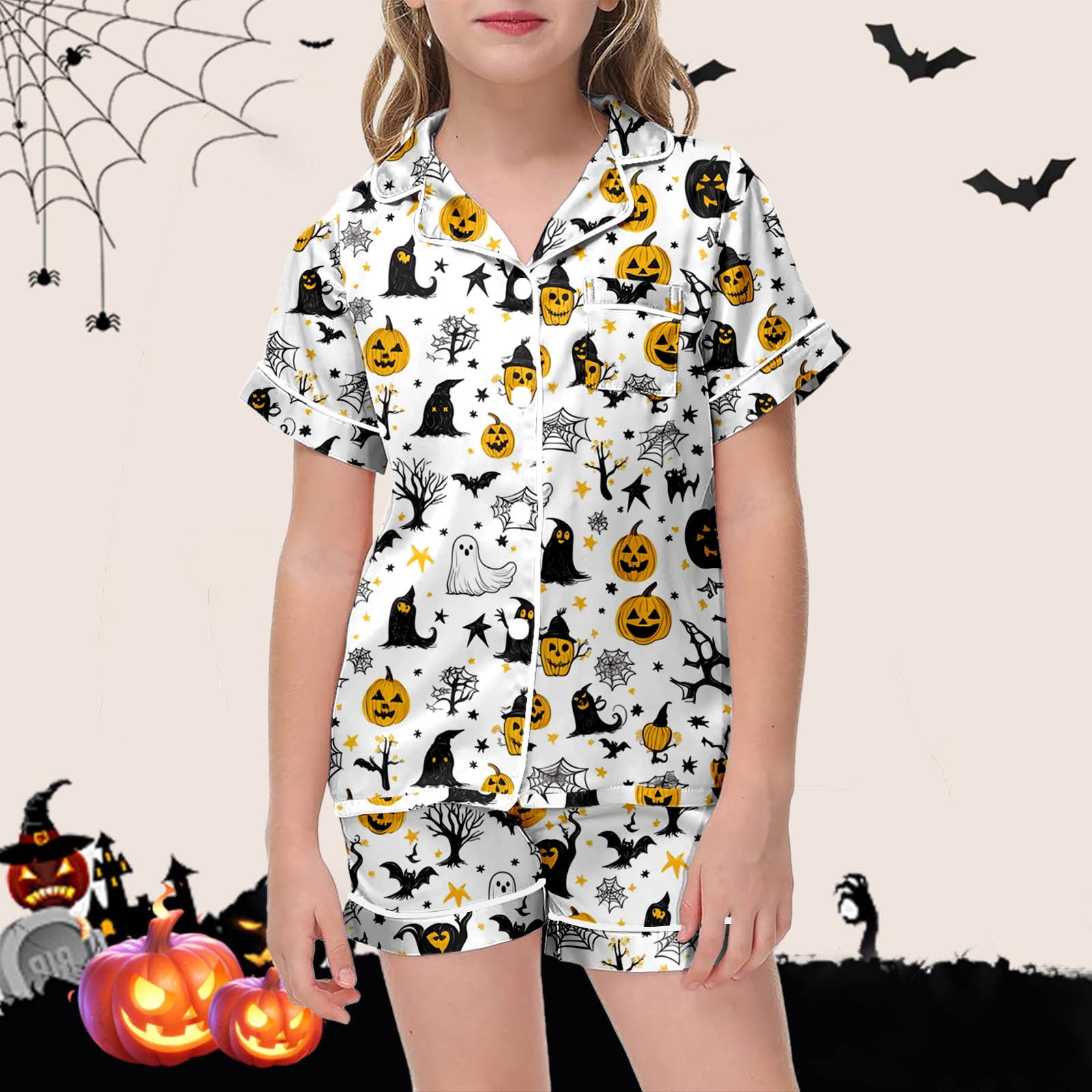 Halloween Pajama Set Ghost Pumpkin Print Girls Silk Pajamas Set Short ...