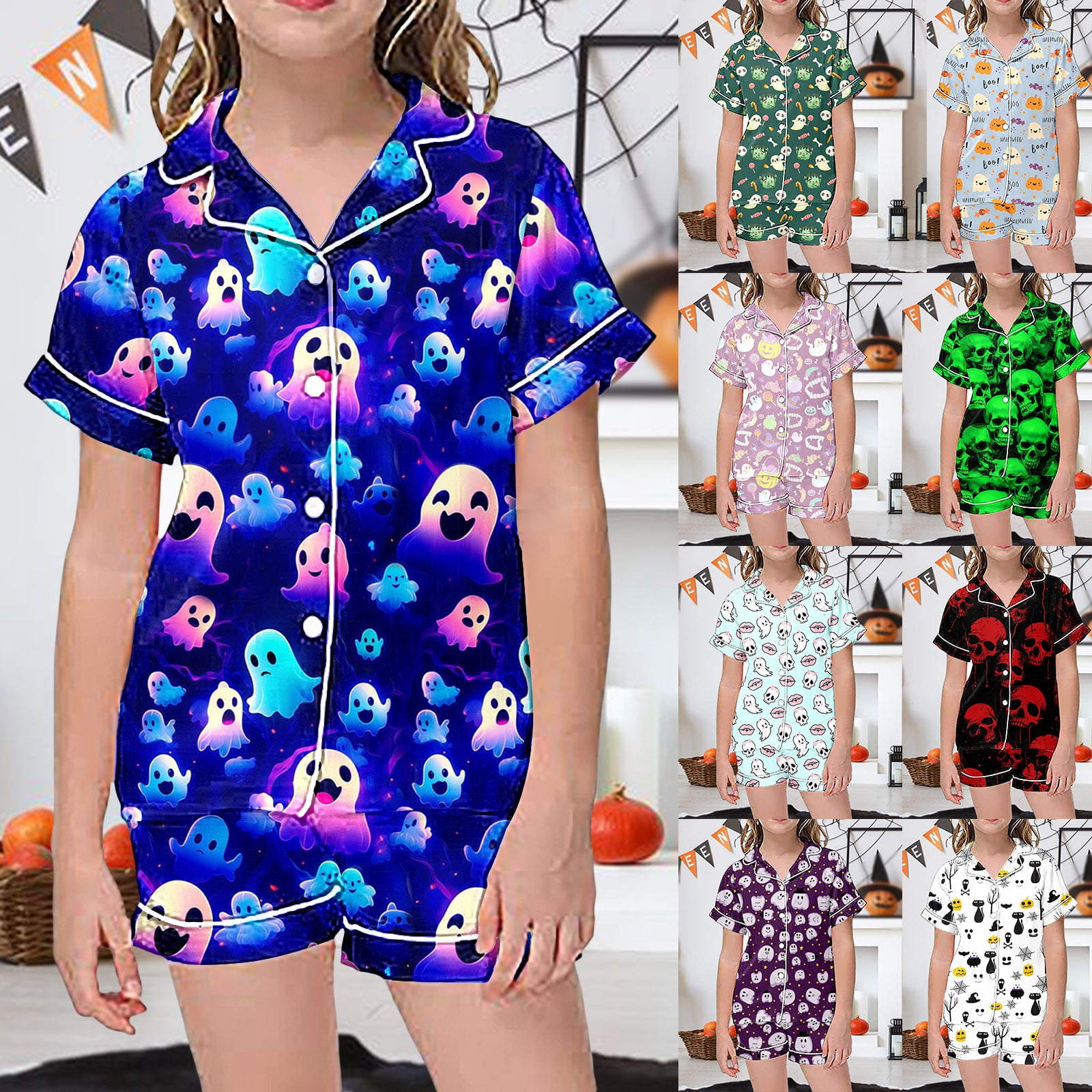 Halloween Pajama for Girls Short Sleeve Button Shirt Shorts 2 Piece ...