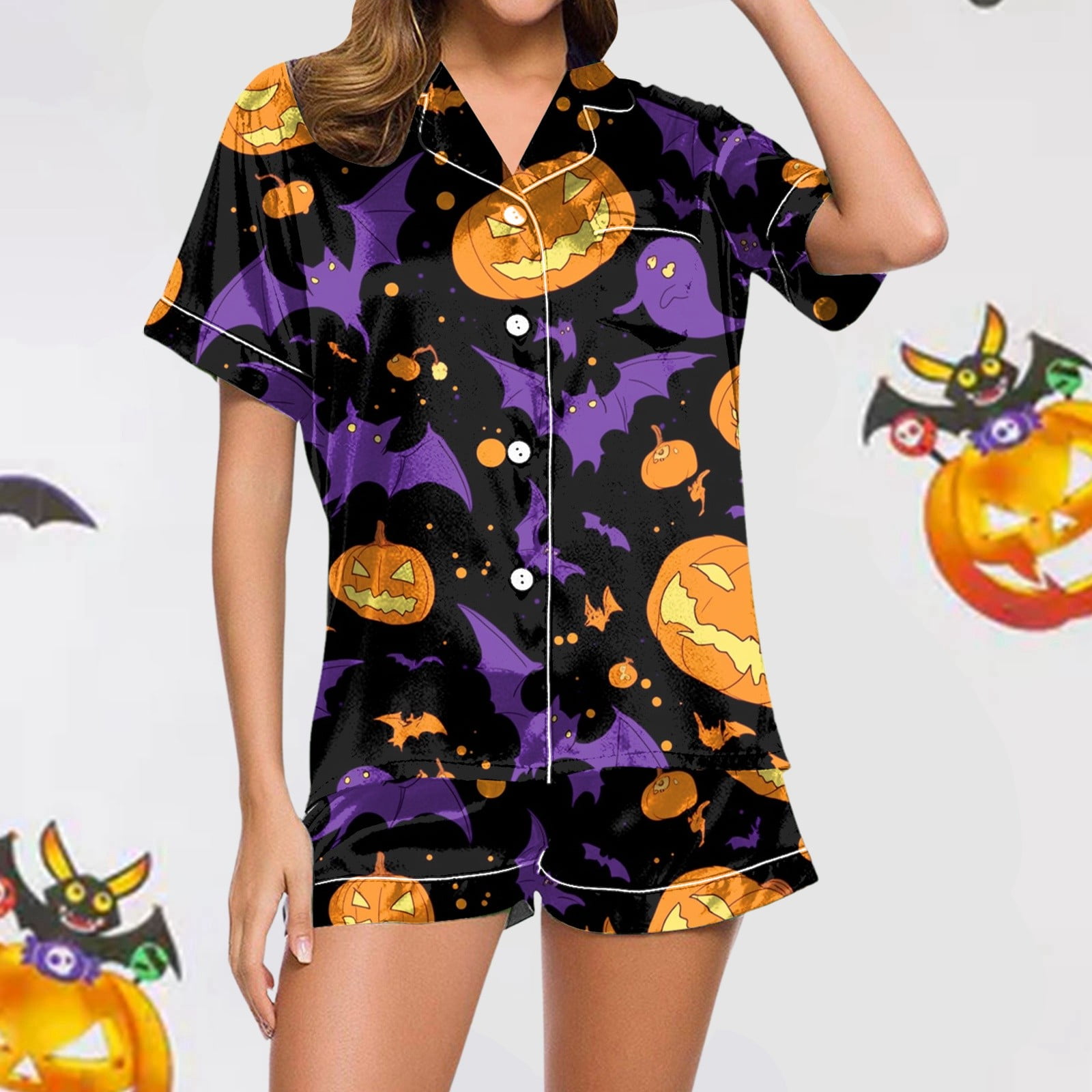 Halloween Pajamas 2 Pcs Satin Pajamas for Women Bat Skeleton Printed ...