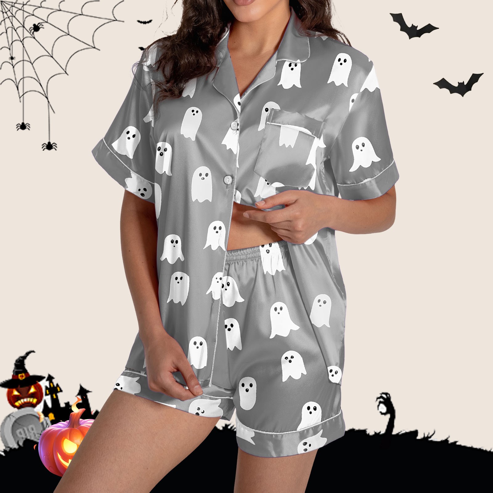 Halloween Pajamas 2 Pcs Silk Pijamas Women Set Bat Skeleton Printed ...
