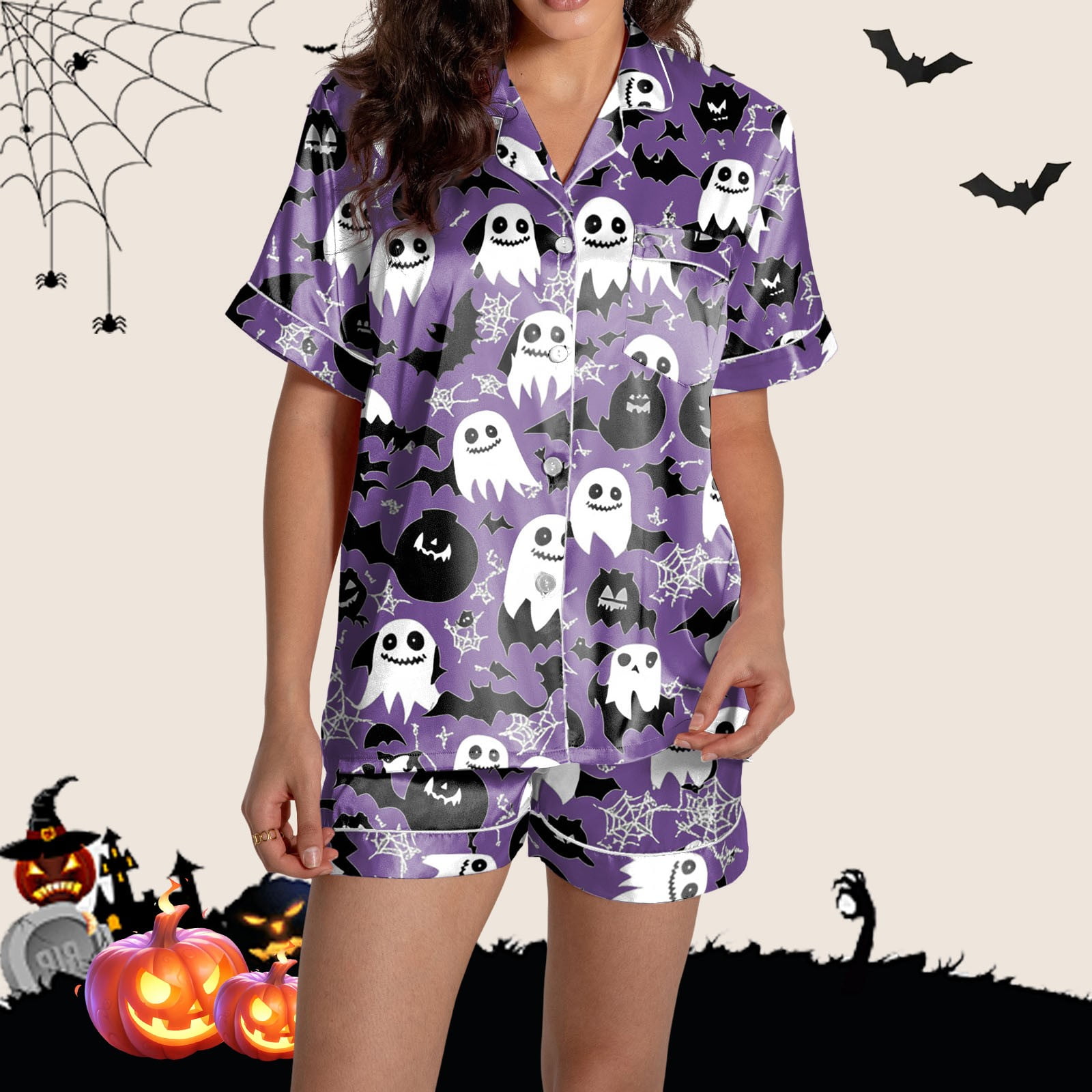 Halloween Pajamas 2 Pcs Silk Satin Soft Sleepwear Outfits Bat Skeleton ...
