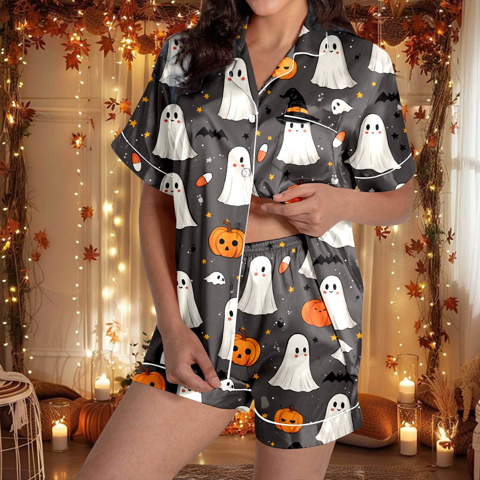 Halloween Pajamas 2 Pcs Silk Satin Soft Sleepwear Outfits Halloween ...