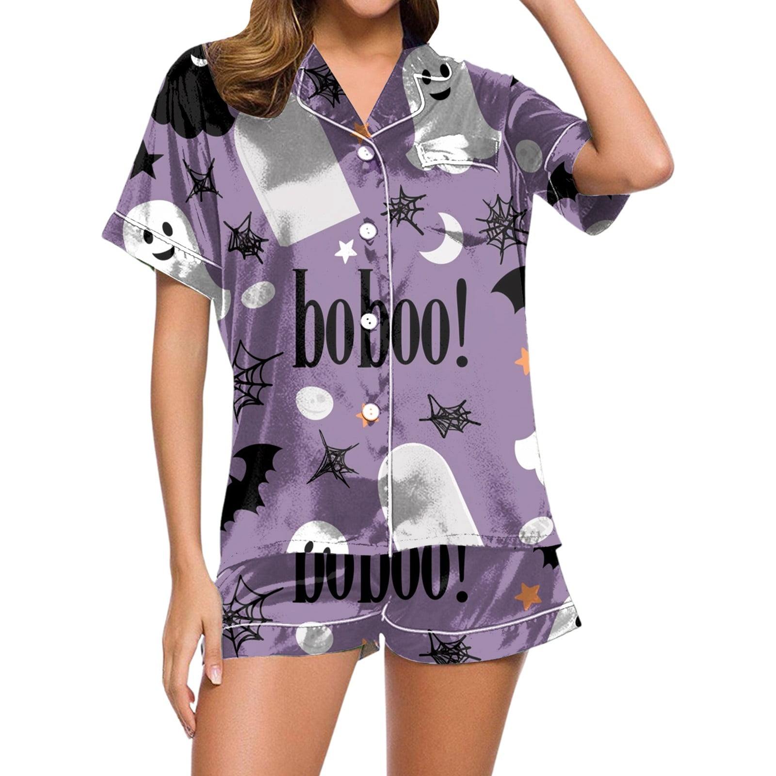 Halloween Pajamas 2 Piece Ghost Pumpkin Graphic Silk Satin Pjs Button ...