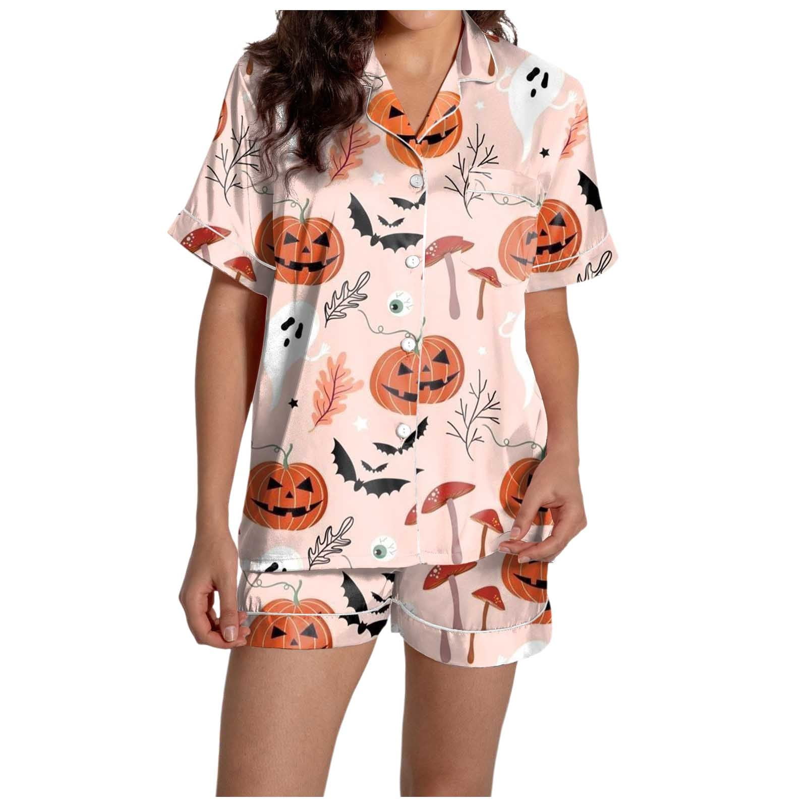 Halloween Pajamas 2 Piece Pjs Set Print Button Down Short Sleeve V Neck ...