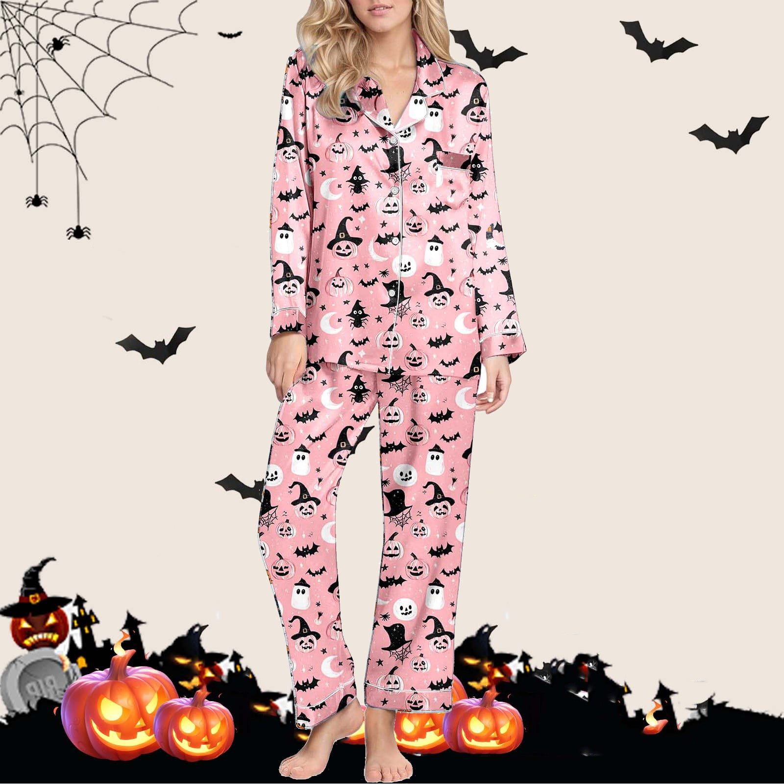 Halloween Pajamas 2 Piece Silk Pjs Women Bat Skeleton Printed Long Sleeve Button Down Top and ...