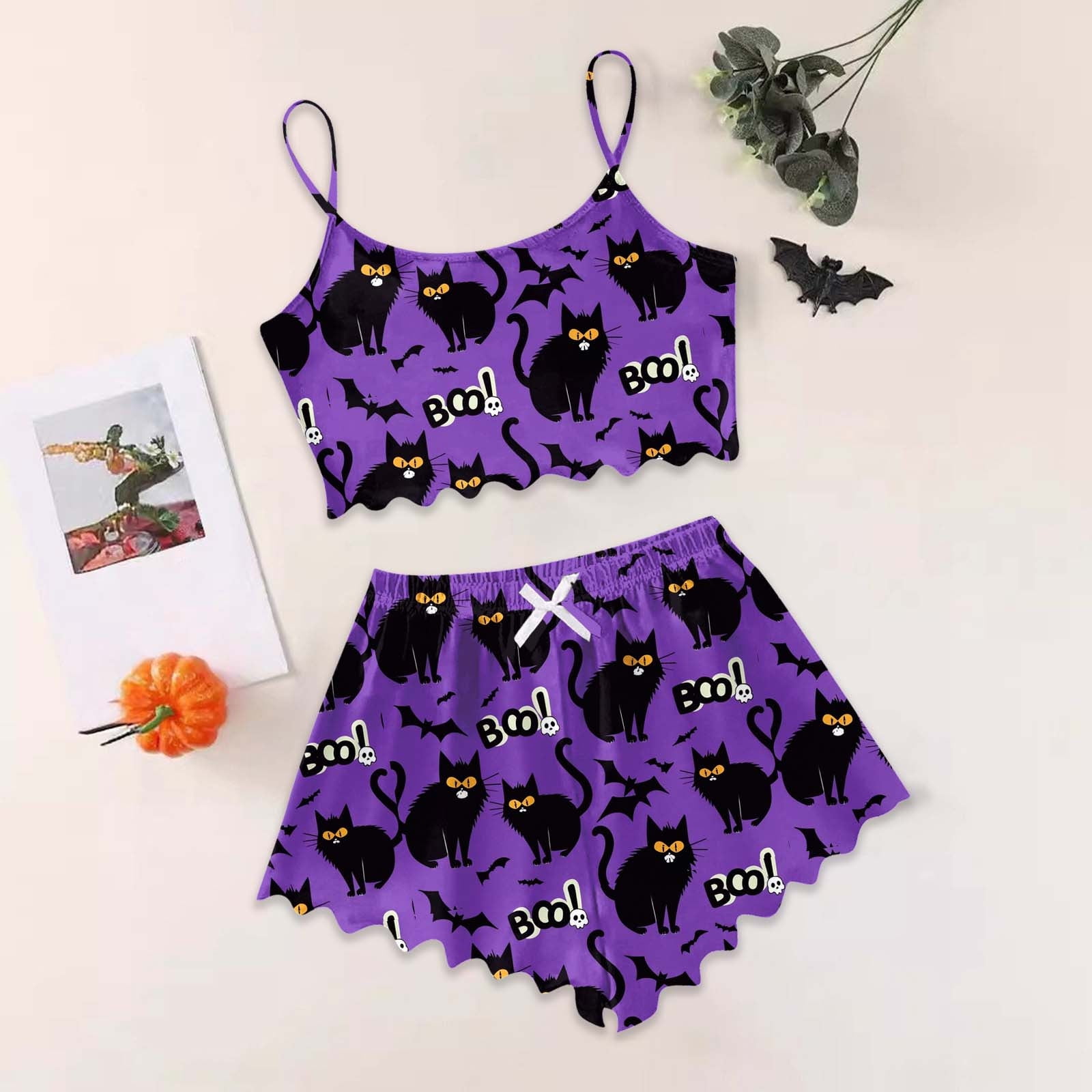 Halloween Pajamas Bat Skeleton Printed 2 Piece Cami Top Short Sets for ...