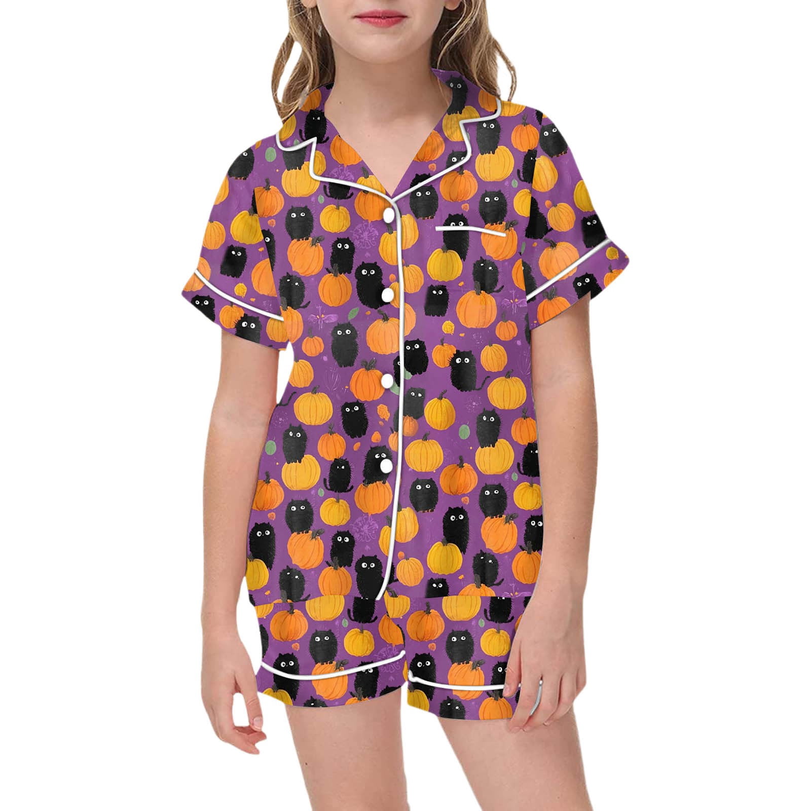 Halloween Pajamas Kids Ghost Pumpkin Print Girls Satin Pajamas Short ...