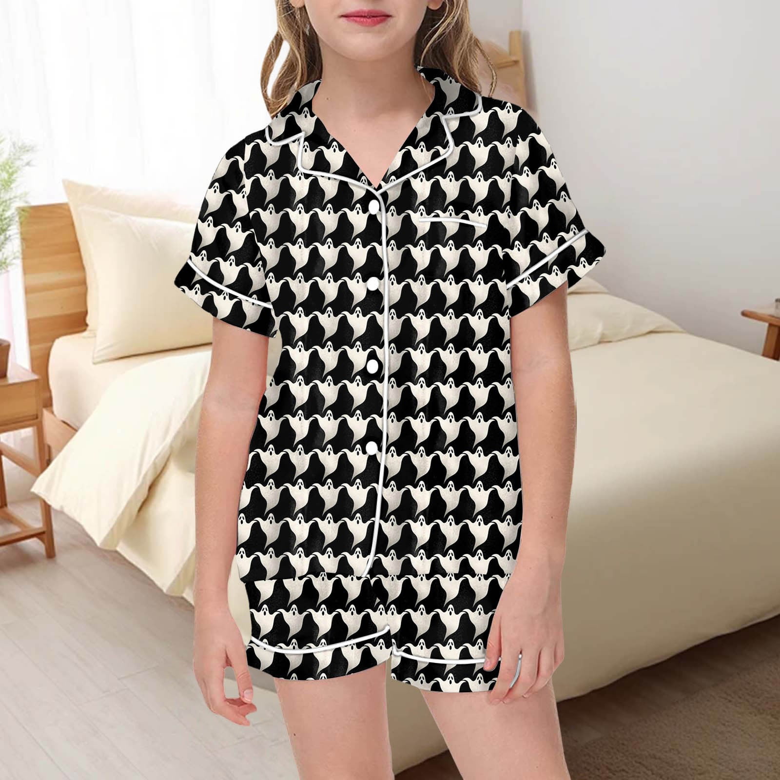 Halloween Pajamas Kids Pumpkin Ghost Bat Print Satin Pjs Short Sleeve ...