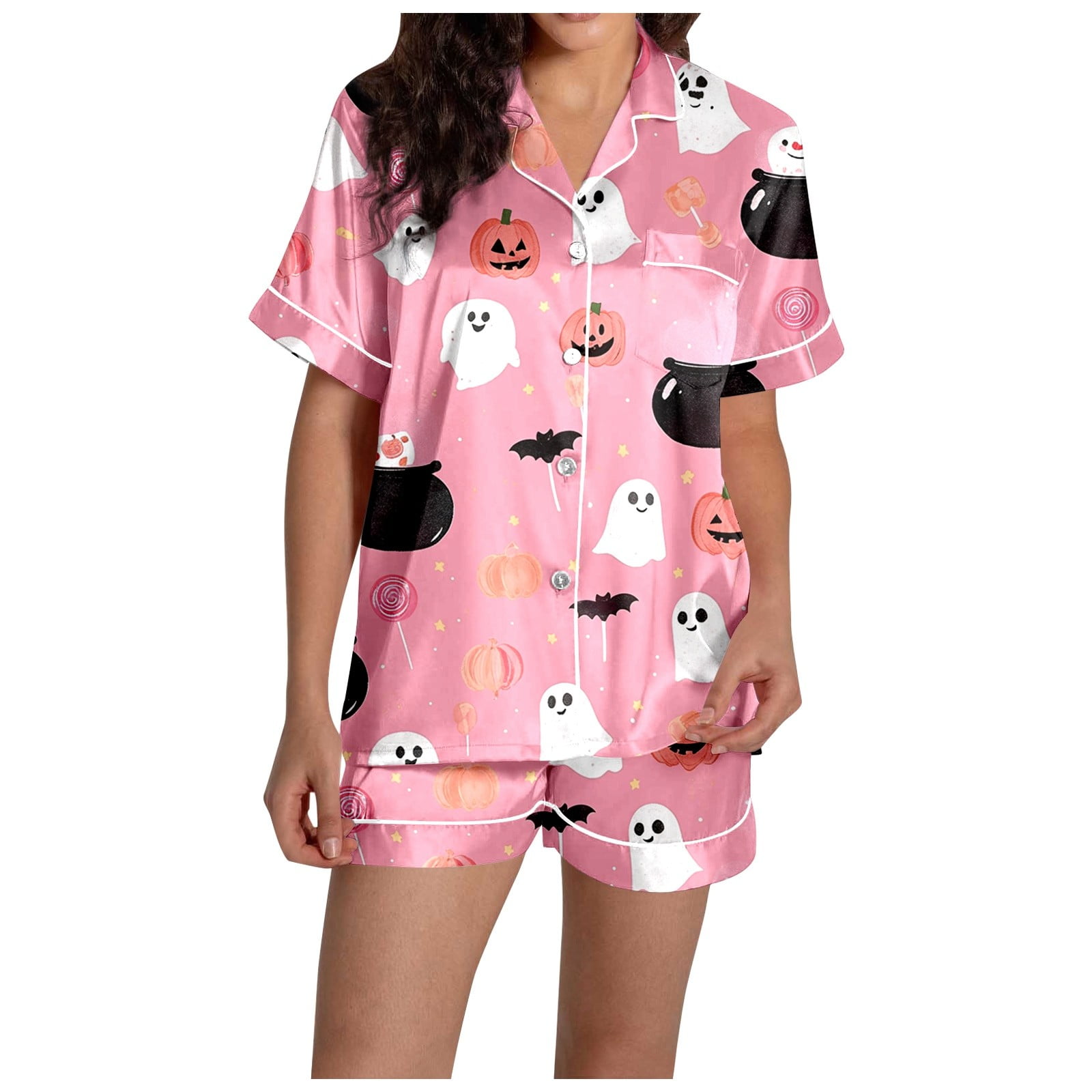 Halloween Pajamas Two Piece Silk Pjs Women Bat Skeleton Printed Womens ...