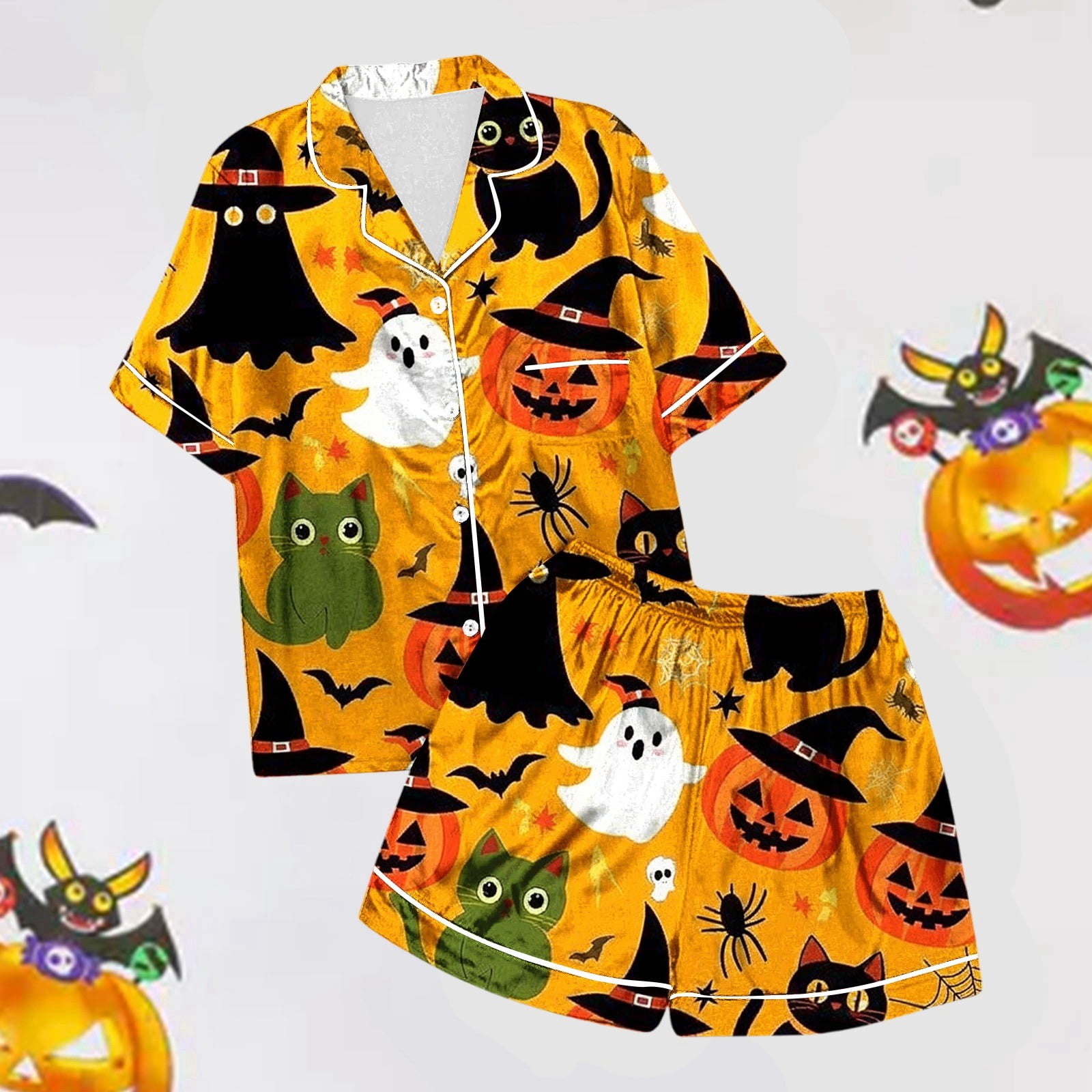 Halloween Pajamas Two Piece Silk Satin Soft Sleepwear Outfits Pumpkin ...