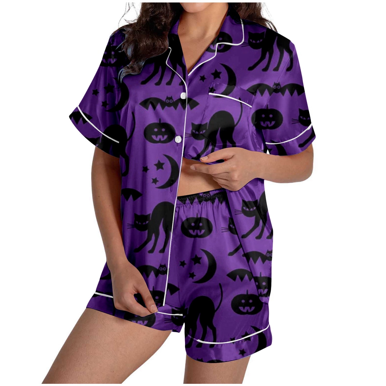 Halloween Pajamas Women 2 Piece Silk Satin Ghost Graphic Button Down ...