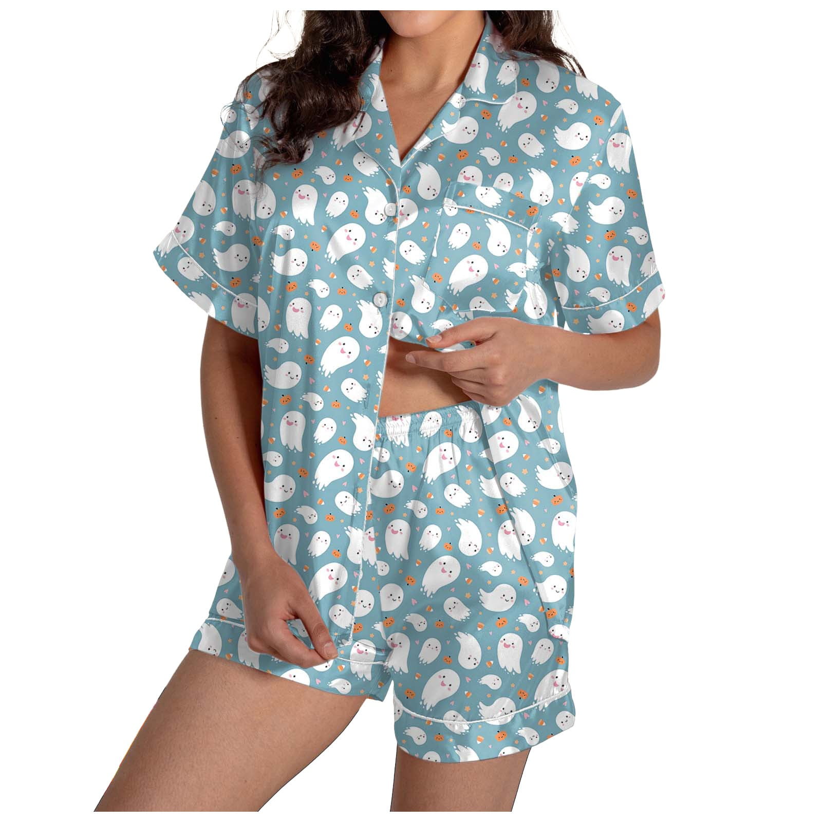 Halloween Pajamas Women Pumpkin Ghost Print Short Sleeve Button Down 2 ...
