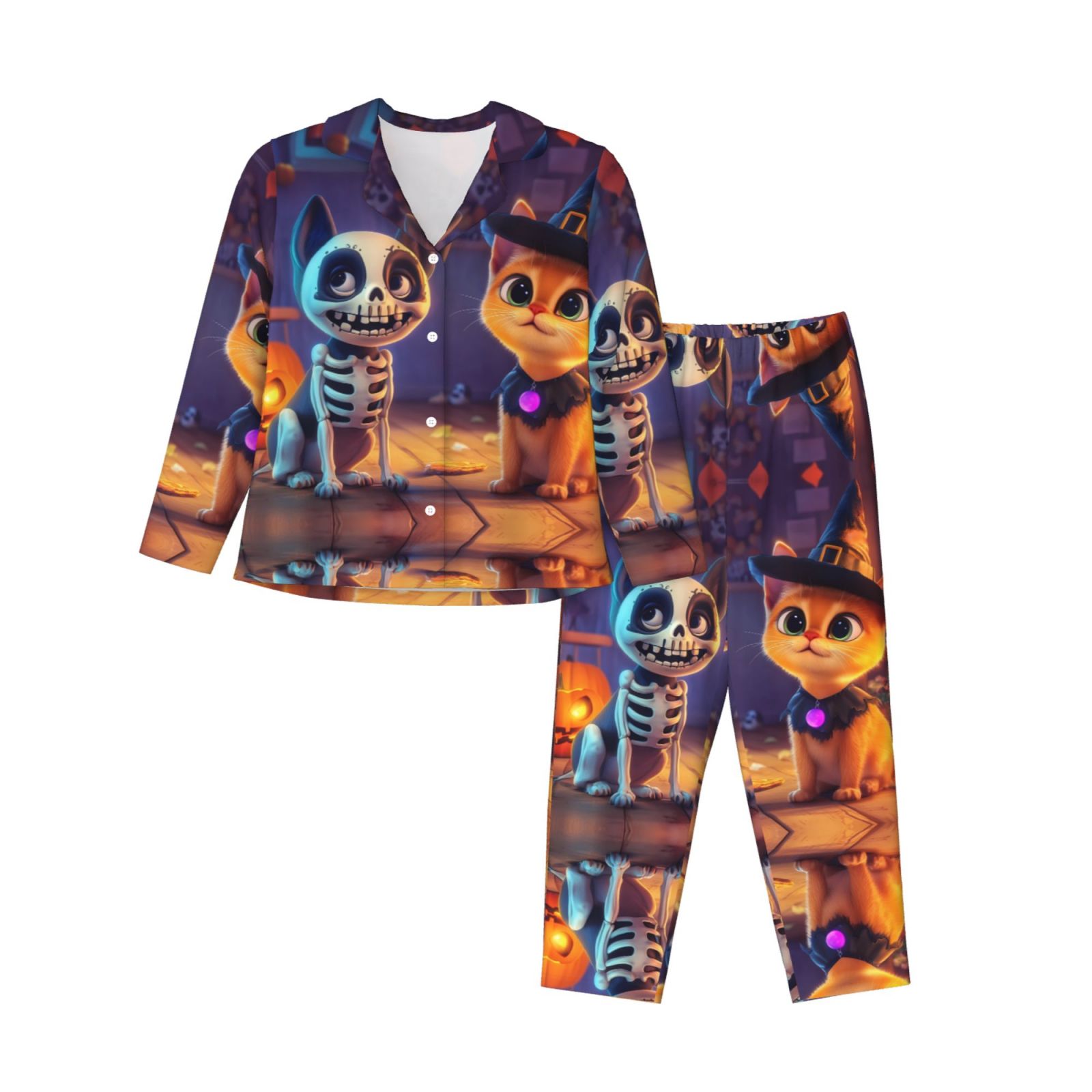 Halloween Pajamas for Women Set - Halloween Cat and Dog Skeleton Long ...
