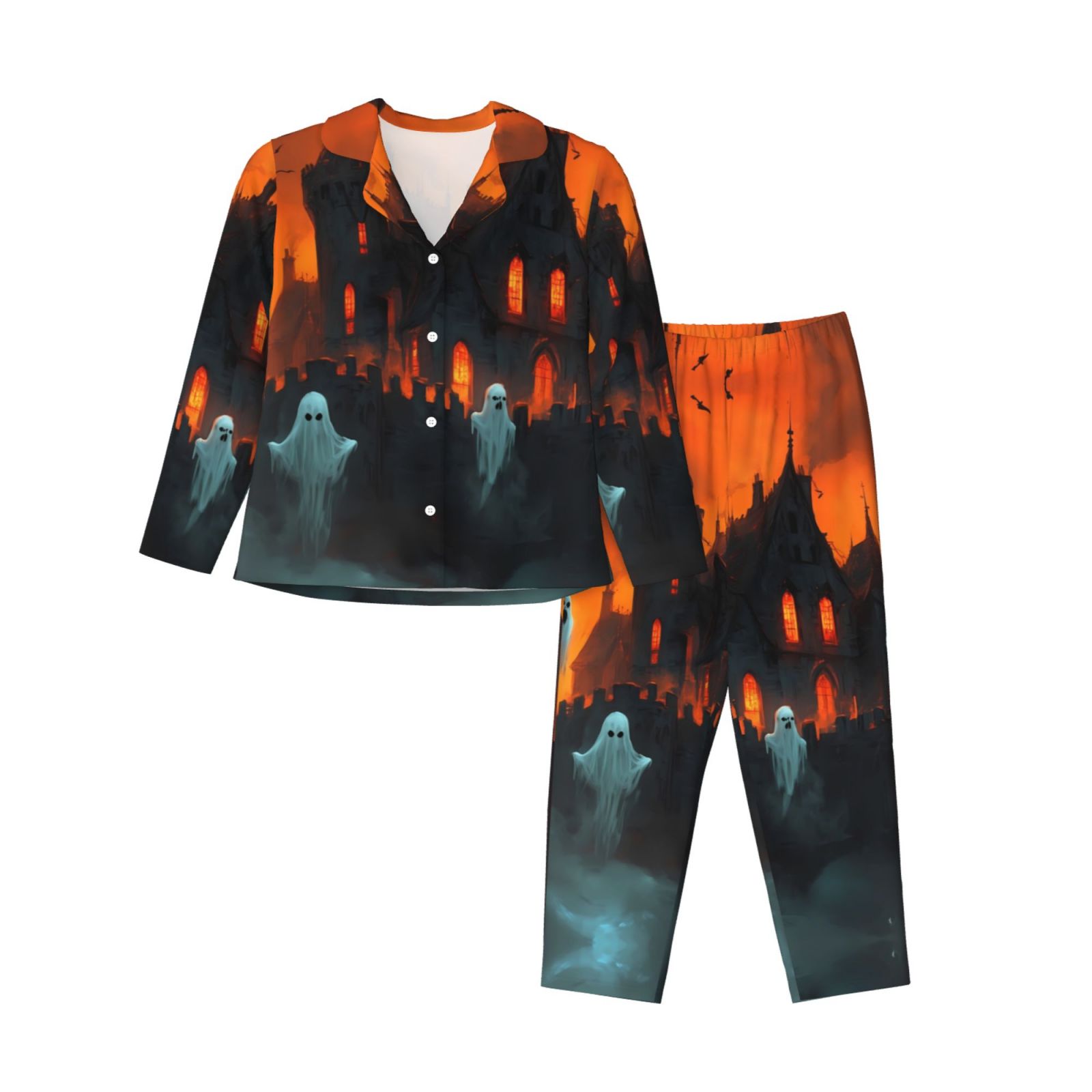 Halloween Pajamas for Women Set - Halloween Flame Castle Ghost A Long ...