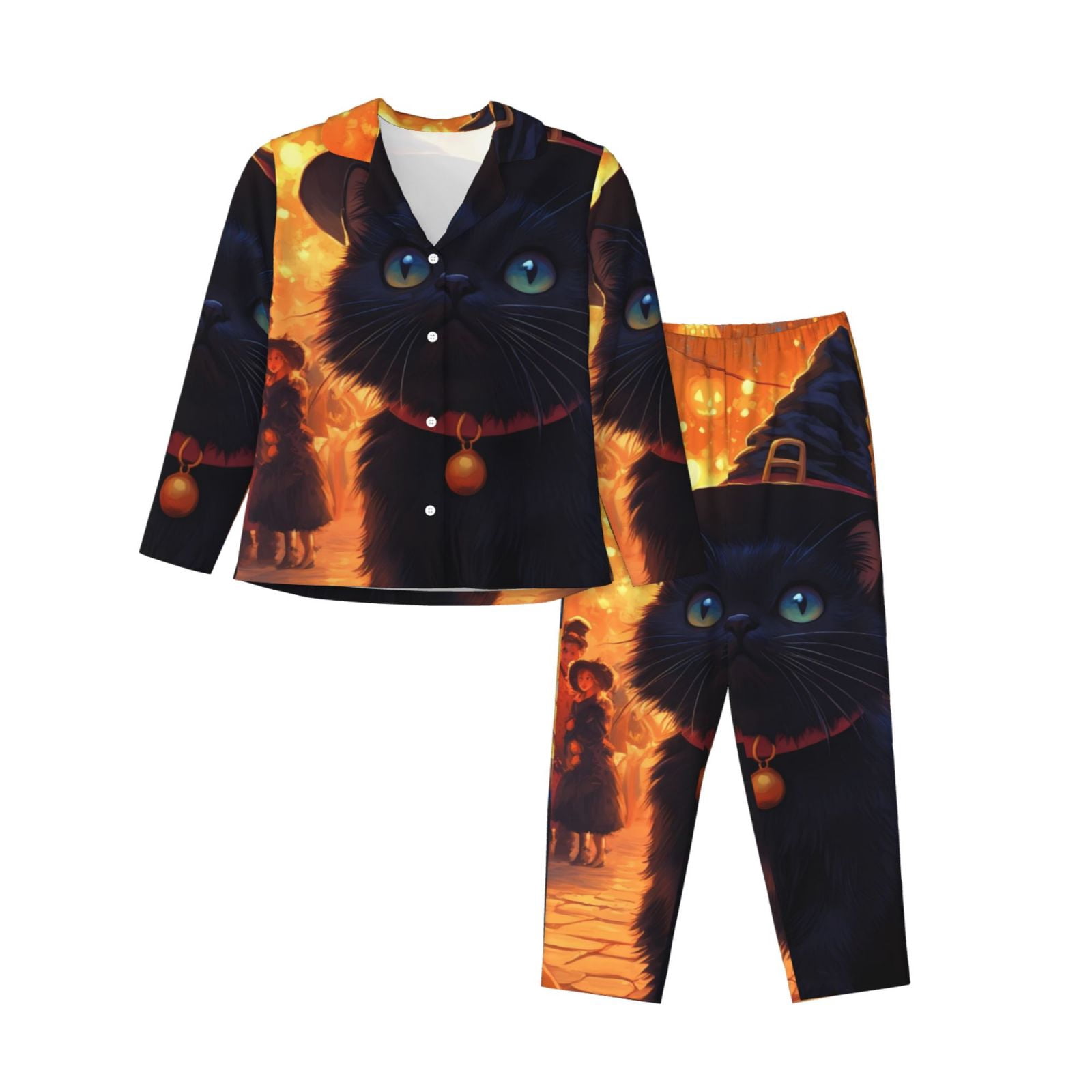 Halloween Pajamas for Women Set - Halloween Witch Hat Black Cat Market ...