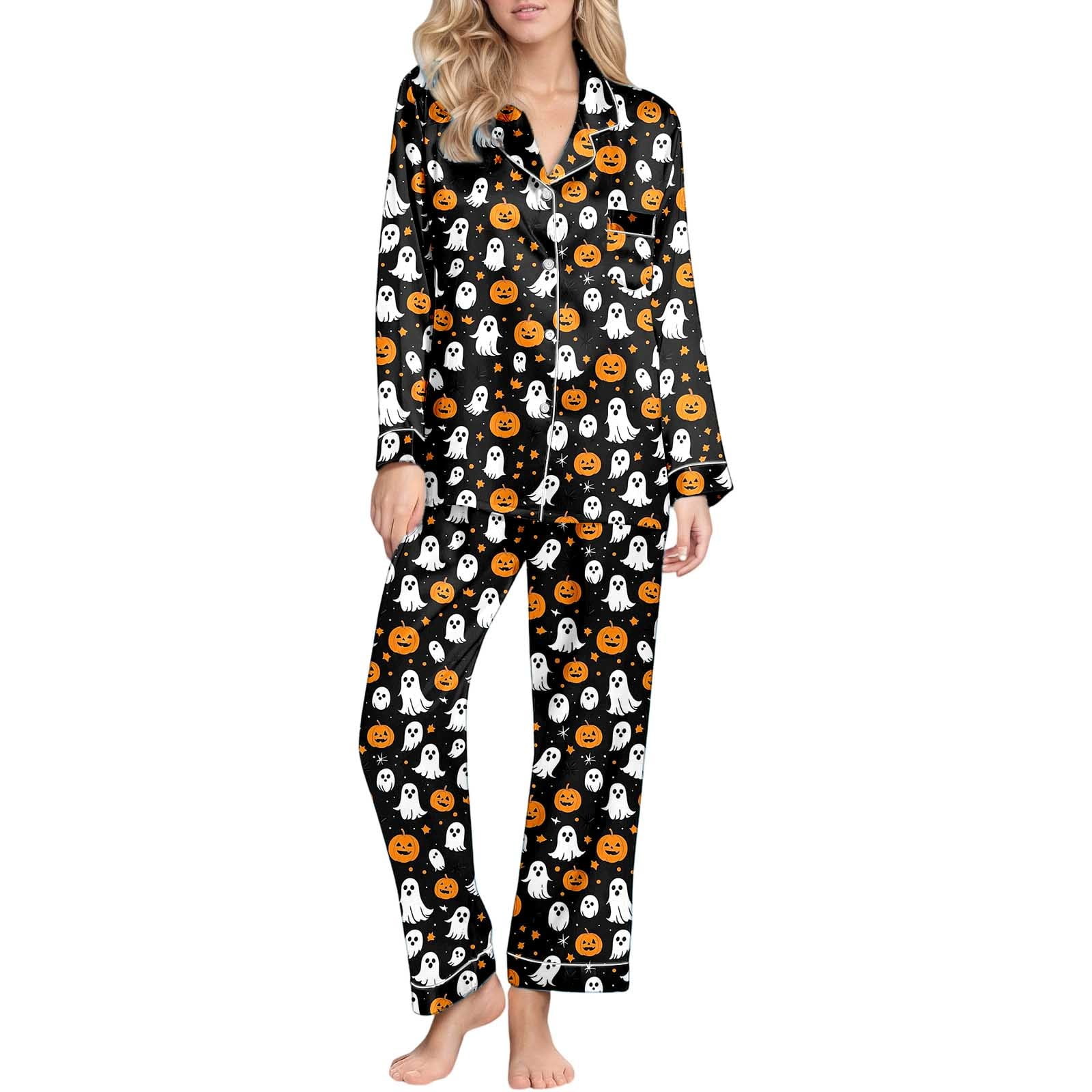 Halloween Pajamas Women Two Piece Silk Satin Soft Sleepwear Outfits ...