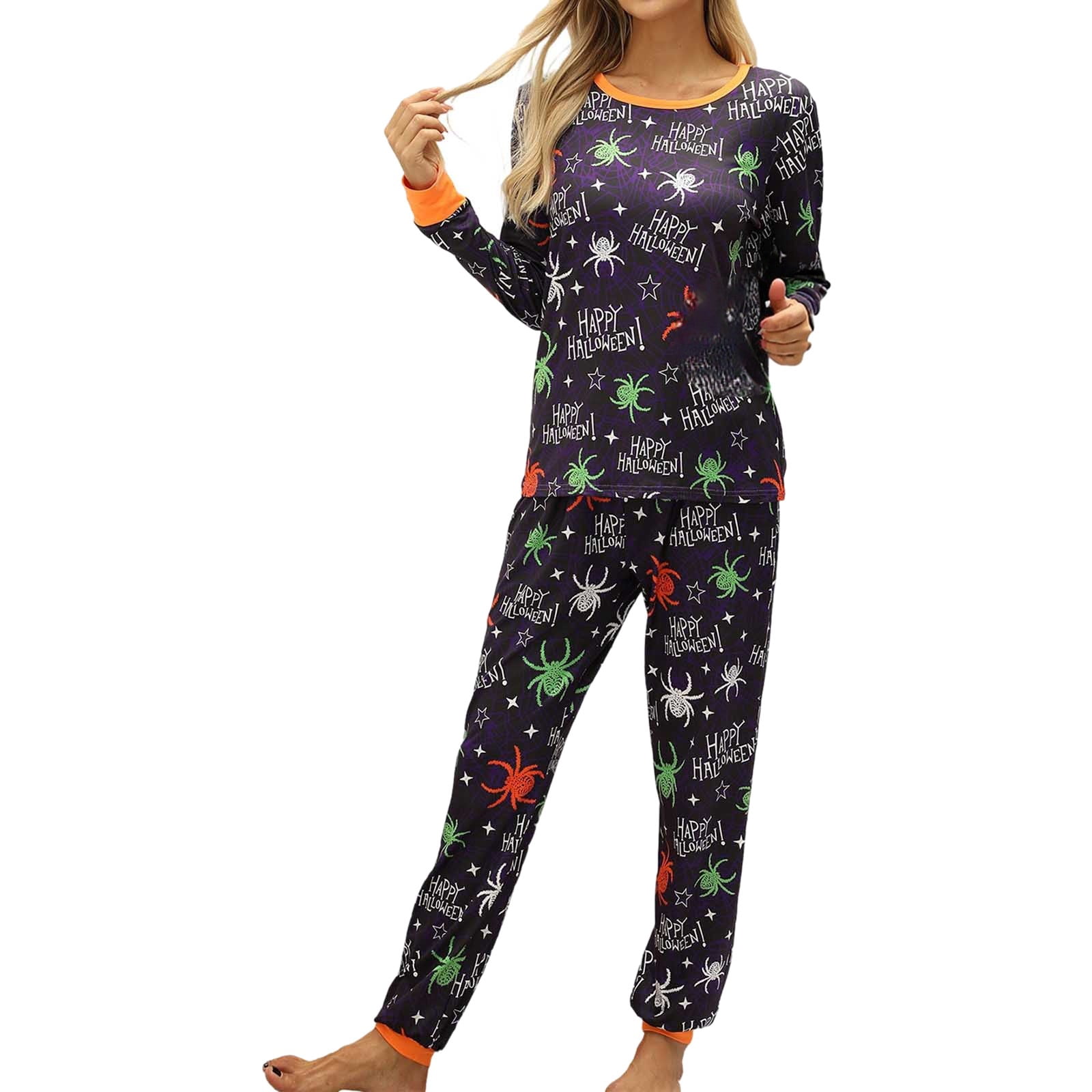 Halloween Pajamas for Women Long Sleeve Shirts and Pants Spider Graphic ...