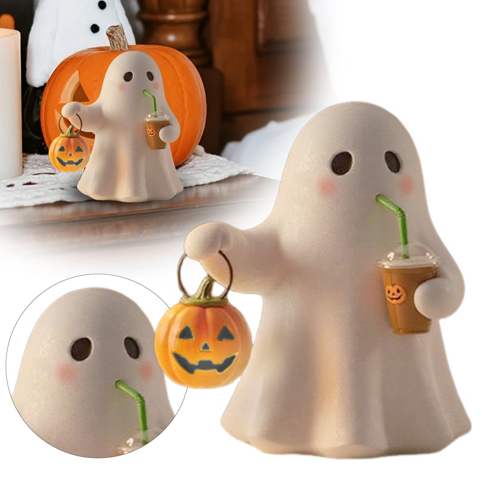 Halloween Paper Mache Ghost Tabletop Decoration, White Ghost Figurine ...