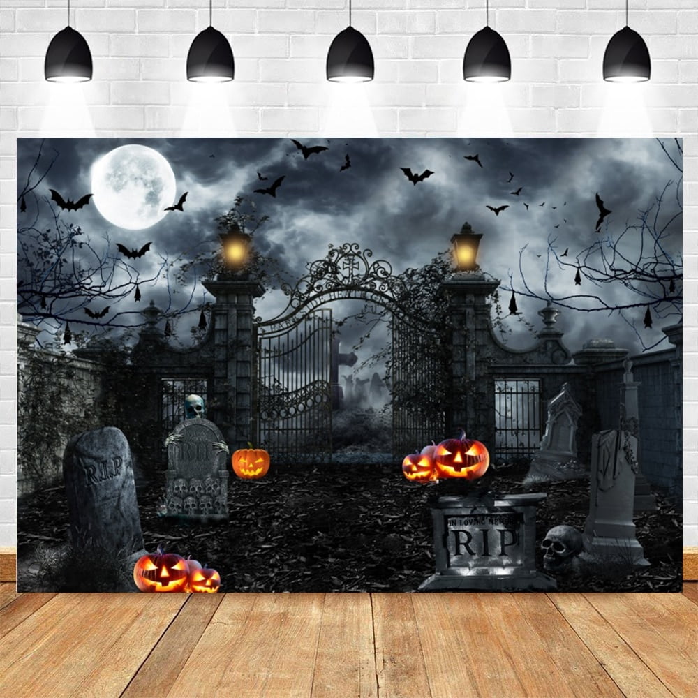 Halloween Party Backdrop Horror Skull Pumpkin Lantern Night Zombie Tomb ...