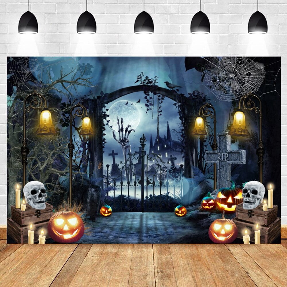 Halloween Party Backdrop Horror Skull Pumpkin Lantern Night Zombie Tomb ...