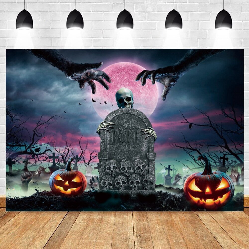 Halloween Party Backdrop Horror Skull Pumpkin Lantern Night Zombie Tomb ...