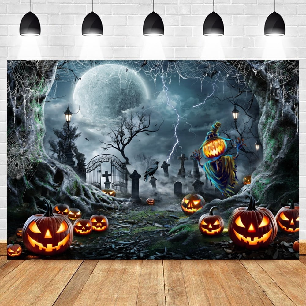 Halloween Party Backdrop Horror Skull Pumpkin Lantern Night Zombie Tomb ...