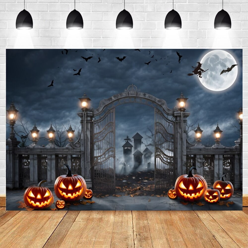 Halloween Party Backdrop Horror Skull Pumpkin Lantern Night Zombie Tomb ...