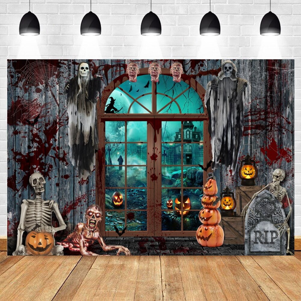 Halloween Party Backdrop Horror Skull Pumpkin Lantern Night Zombie Tomb ...