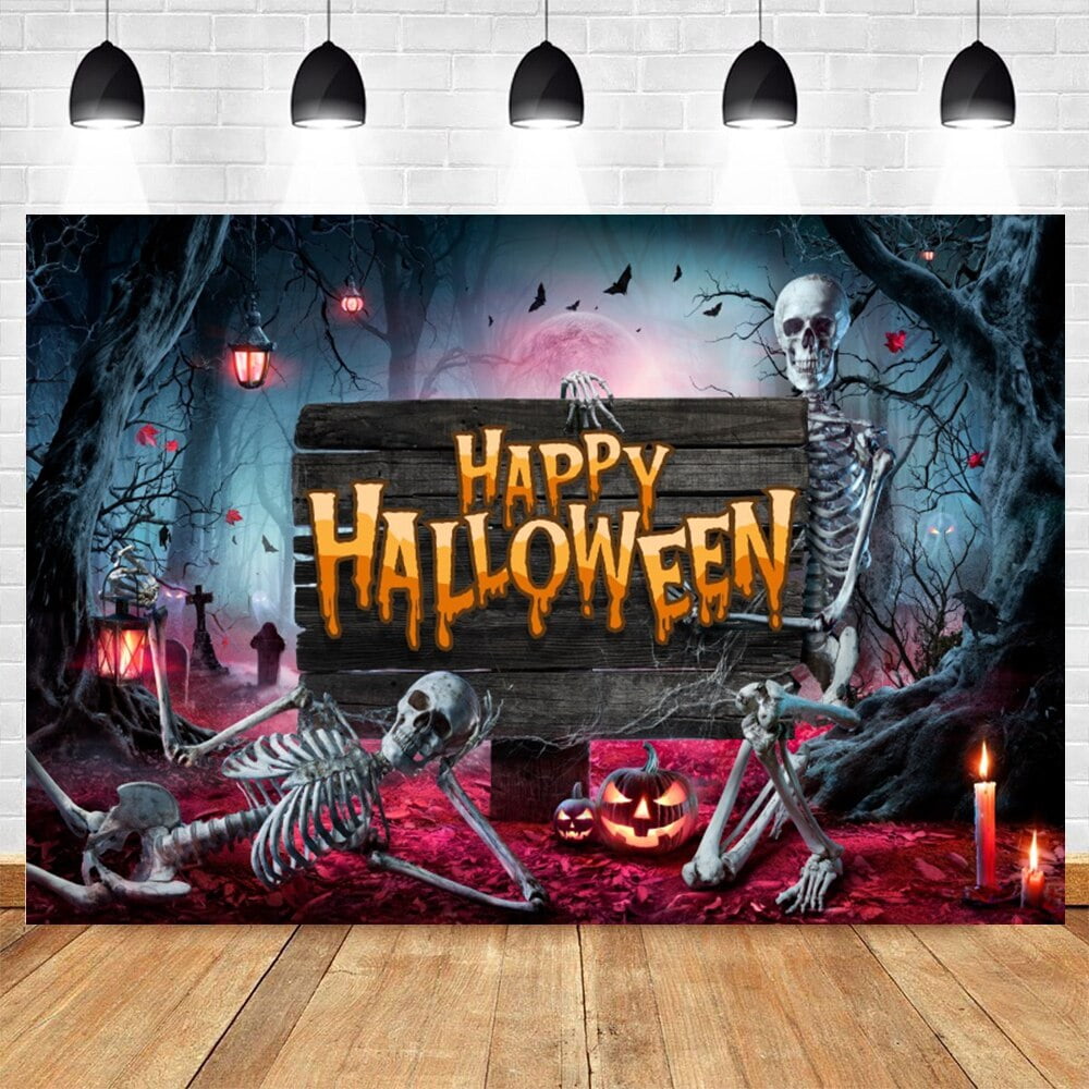 Halloween Party Backdrop Horror Skull Pumpkin Lantern Night Zombie Tomb ...