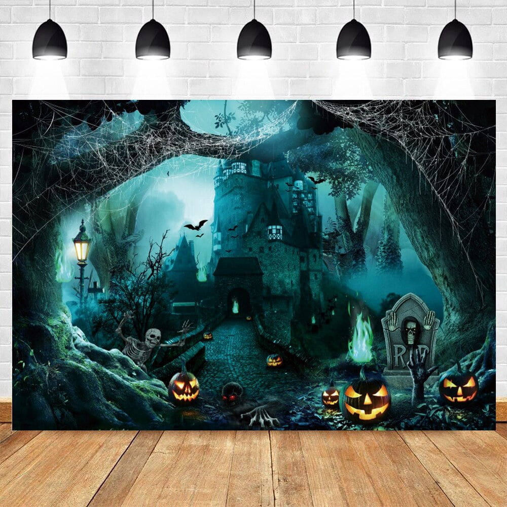 Halloween Party Backdrop Horror Skull Pumpkin Lantern Night Zombie Tomb ...