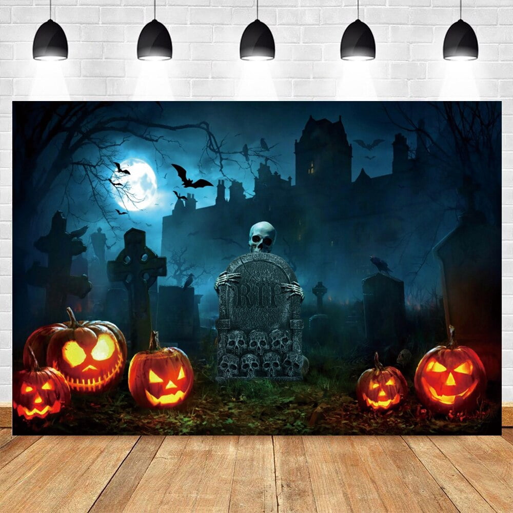 Halloween Party Backdrop Horror Skull Pumpkin Lantern Night Zombie Tomb ...