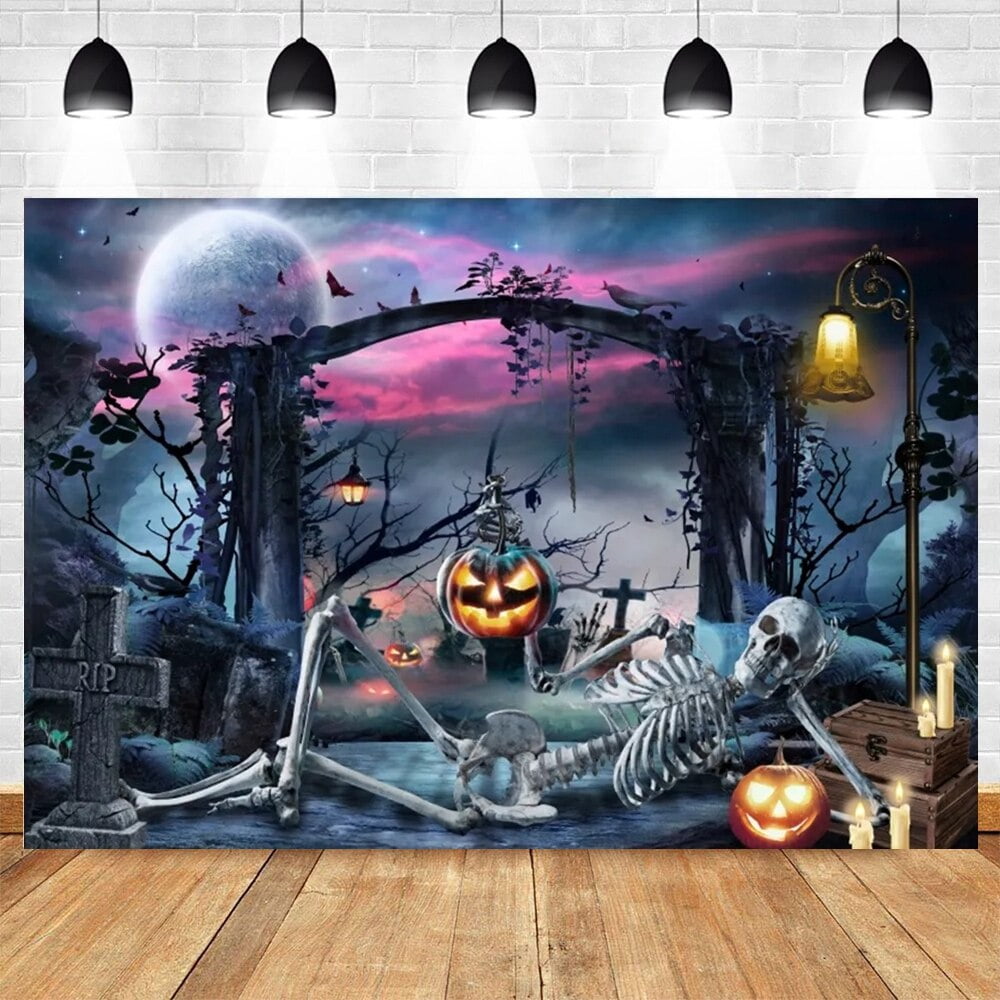 Halloween Party Backdrop Horror Skull Pumpkin Lantern Night Zombie Tomb ...