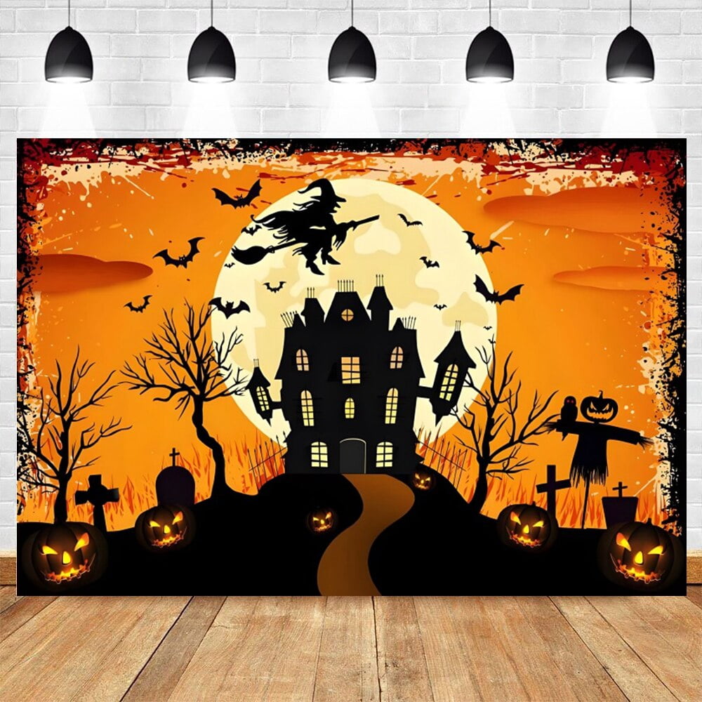 Halloween Party Backdrop Horror Skull Pumpkin Lantern Night Zombie Tomb ...