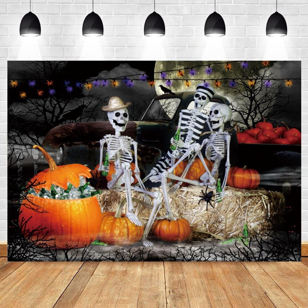 Halloween Party Backdrop Horror Skull Pumpkin Lantern Night Zombie Tomb ...