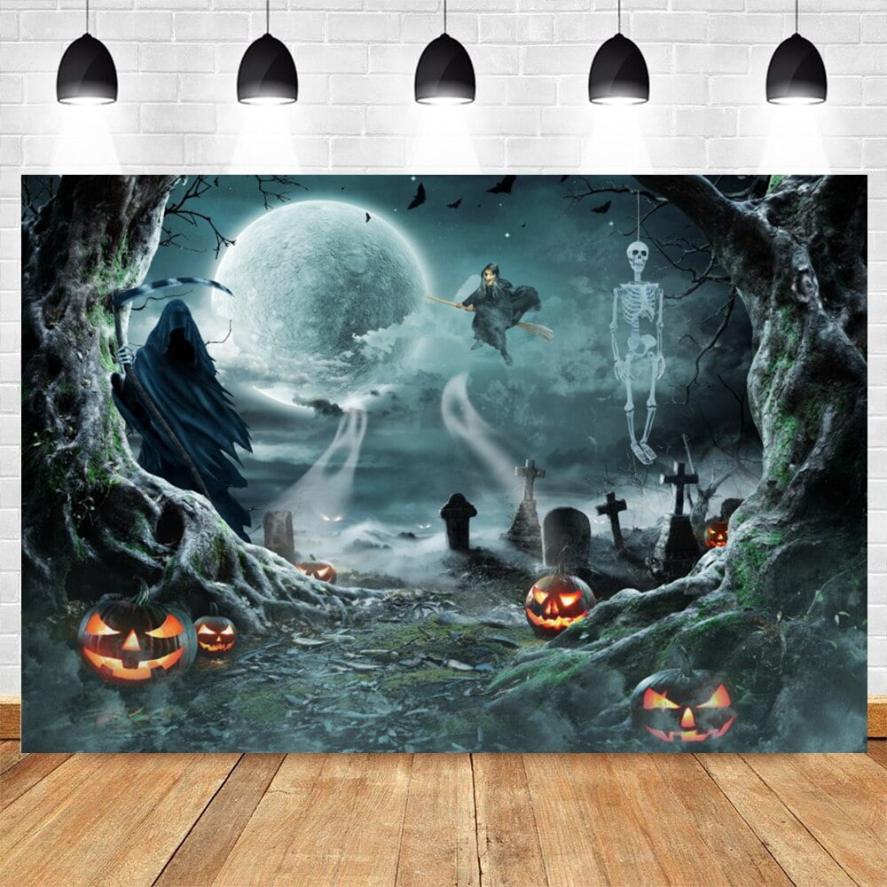 Halloween Party Backdrop Horror Skull Pumpkin Lantern Night Zombie Tomb ...