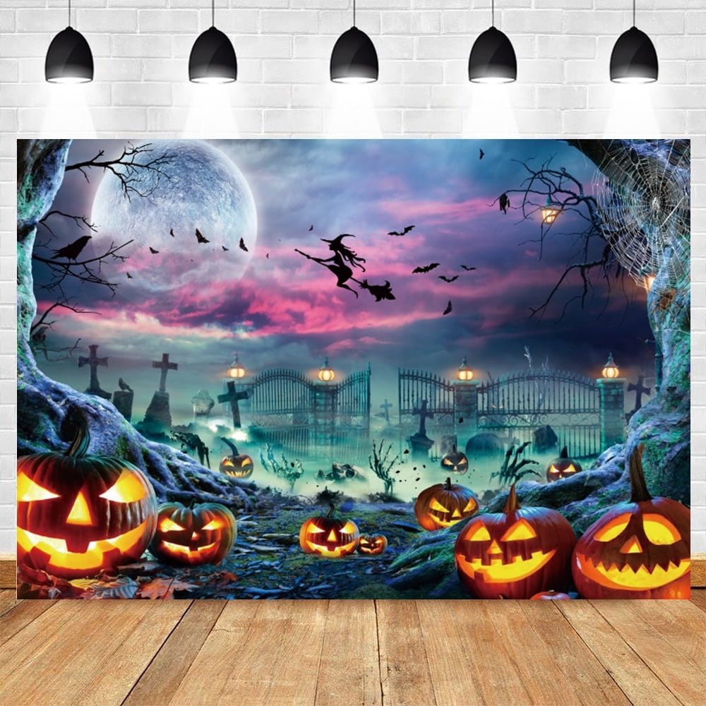 Halloween Party Backdrop Horror Skull Pumpkin Lantern Night Zombie Tomb ...