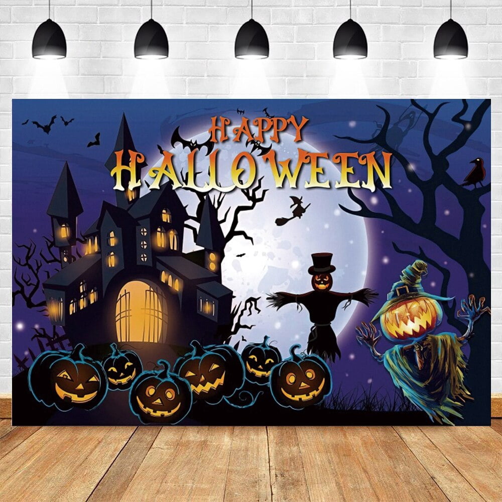 Halloween Party Backdrop Horror Skull Pumpkin Lantern Night Zombie Tomb ...