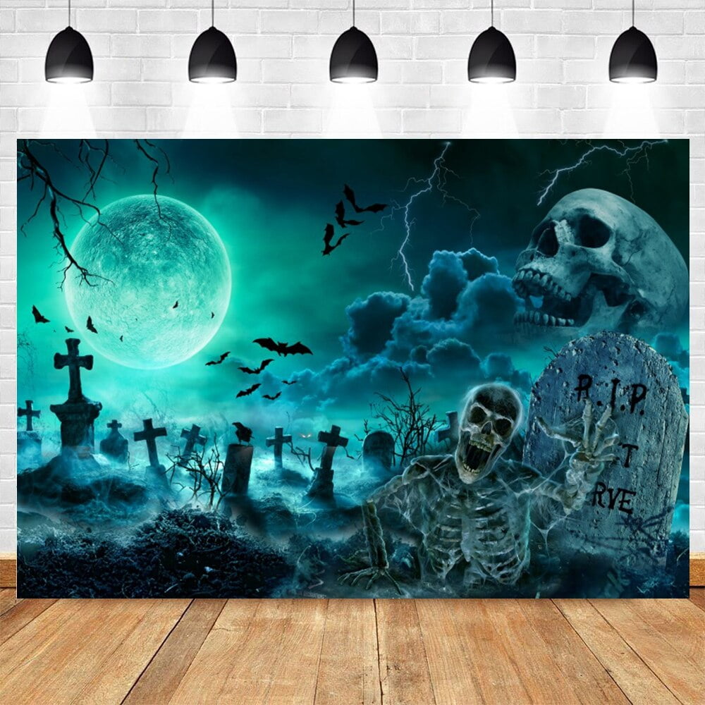 Halloween Party Backdrop Horror Skull Pumpkin Lantern Night Zombie Tomb ...